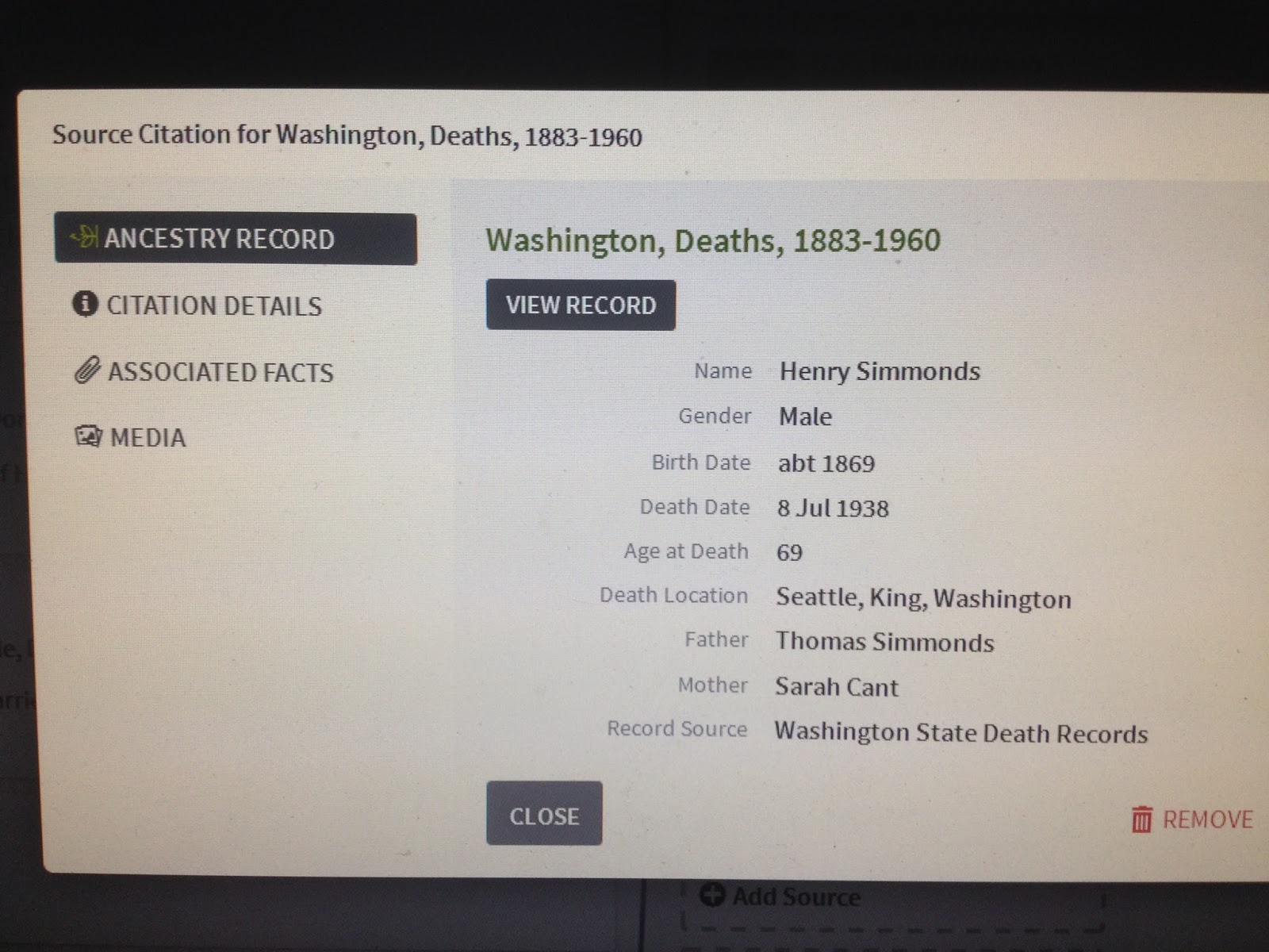 Sarah Simmonds Family Bible (Sarah Cant)